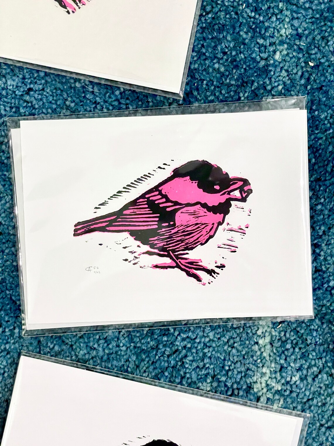 Hot Pink Chickadee Heart Linocut Print | Animals Collection | Birds ...