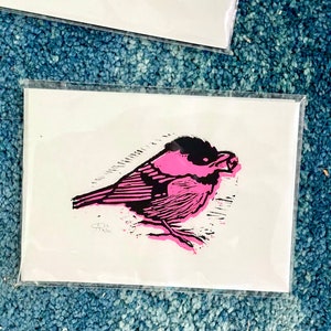 Hot Pink Chickadee Heart Linocut Print | Animals Collection | Birds ...