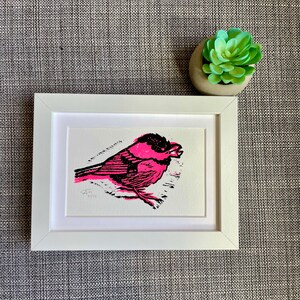 Hot Pink Chickadee Heart Linocut Print | Animals Collection | Birds ...