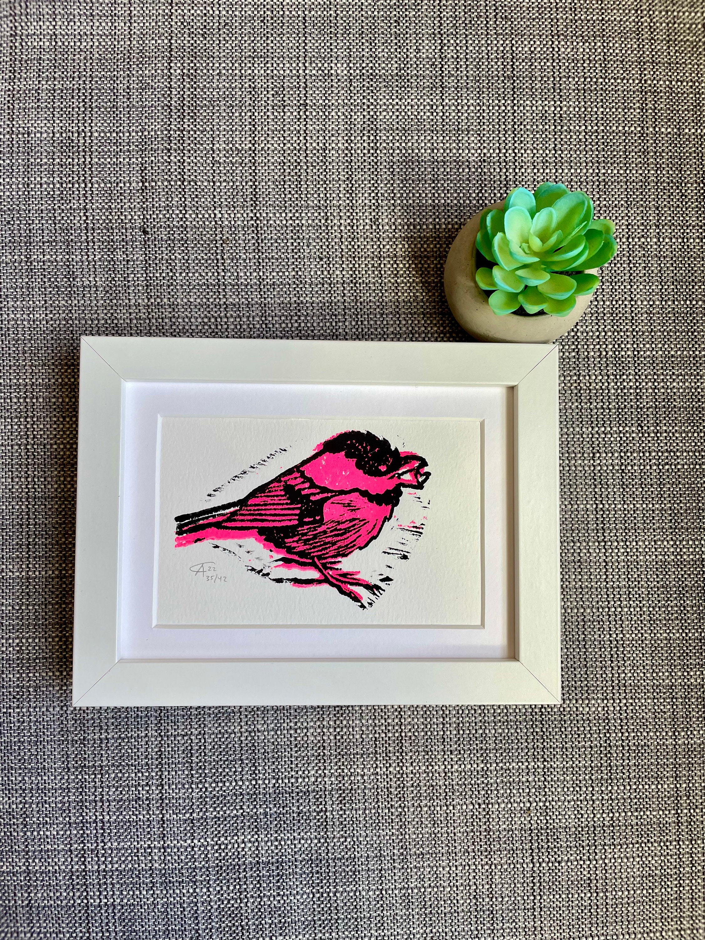 Hot Pink Chickadee Heart Linocut Print | Animals Collection | Birds ...