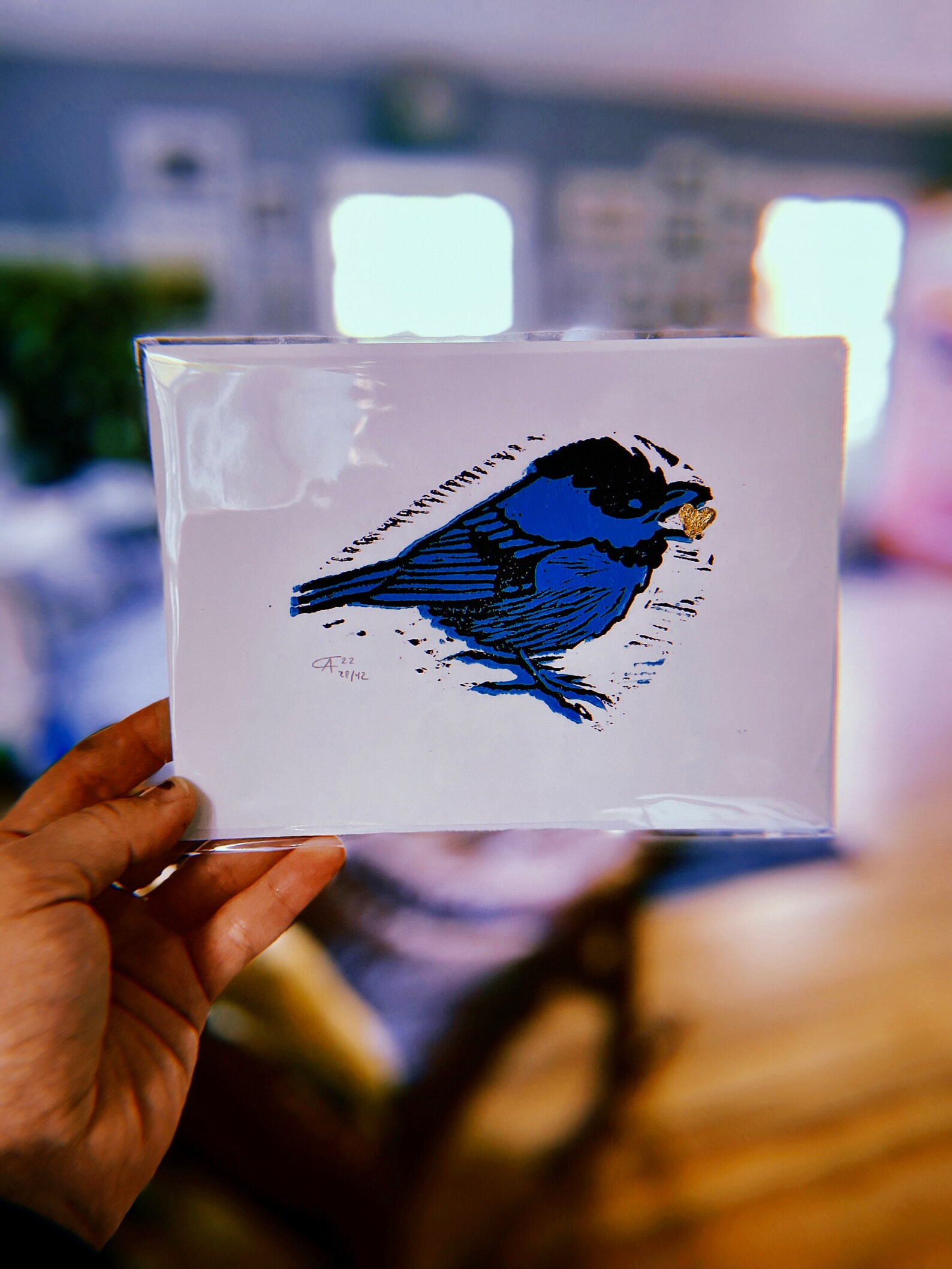 Chickadee Art Linocut Print, Bird Holding a Gold Leaf Heart in His or ...