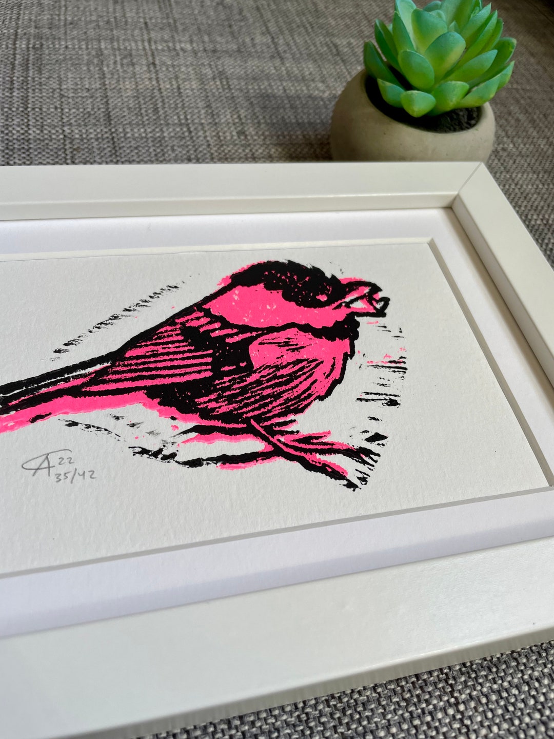 Hot Pink Chickadee Heart Linocut Print | Animals Collection | Birds ...