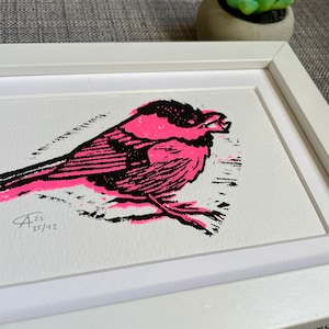 Hot Pink Chickadee Heart Linocut Print | Animals Collection | Birds ...