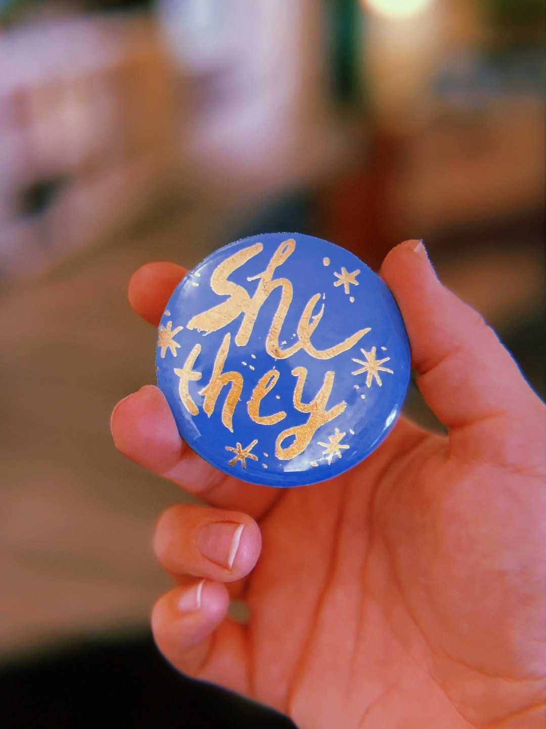 Custom Pronoun Button in Gold Leaf on Blue Paper, 2.25" Pinback Button ...
