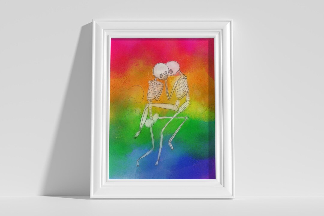 LGBTQ Art of Two Skeletons Cuddling Over the Colors of the Bi Flag ...