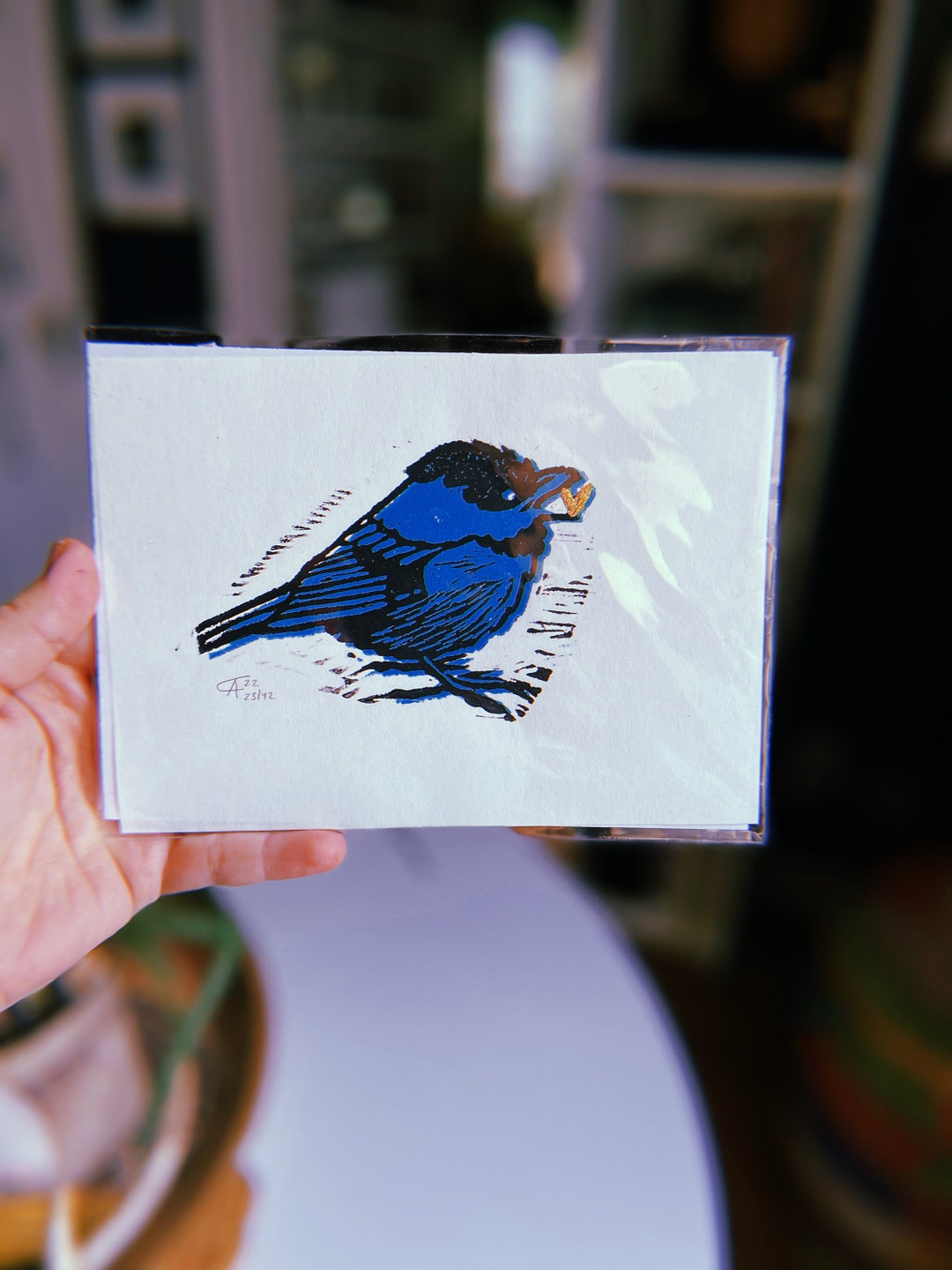 Chickadee Art Linocut Print, Bird Holding a Gold Leaf Heart in His or ...