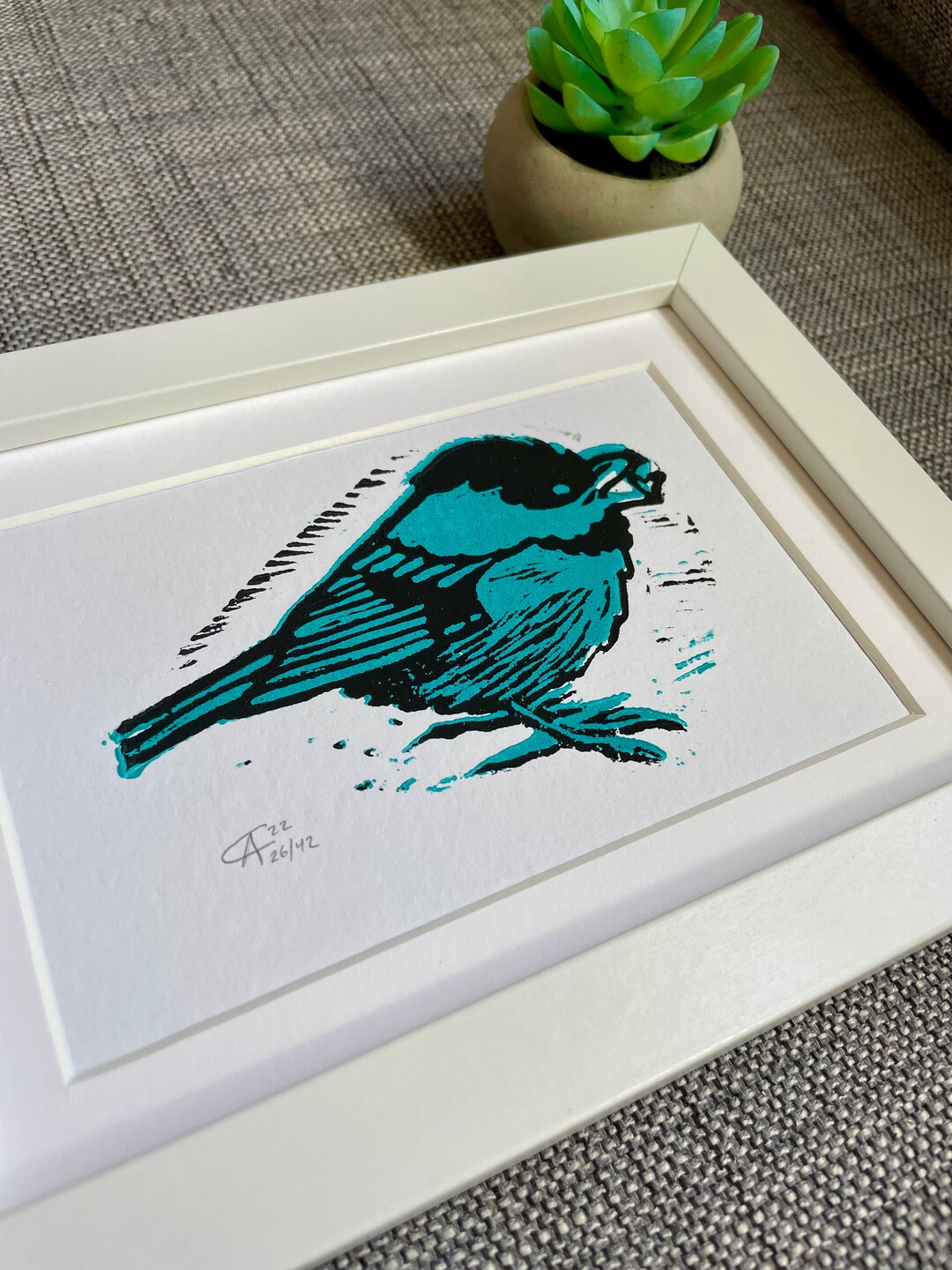 Turquoise Chickadee Heart Linocut Print | Animals Collection | Birds ...