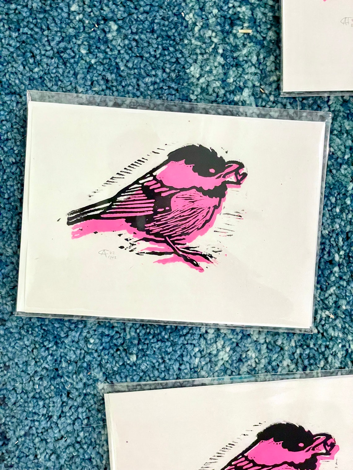 Hot Pink Chickadee Heart Linocut Print | Animals Collection | Birds ...