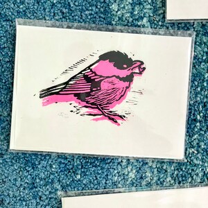 Hot Pink Chickadee Heart Linocut Print | Animals Collection | Birds ...