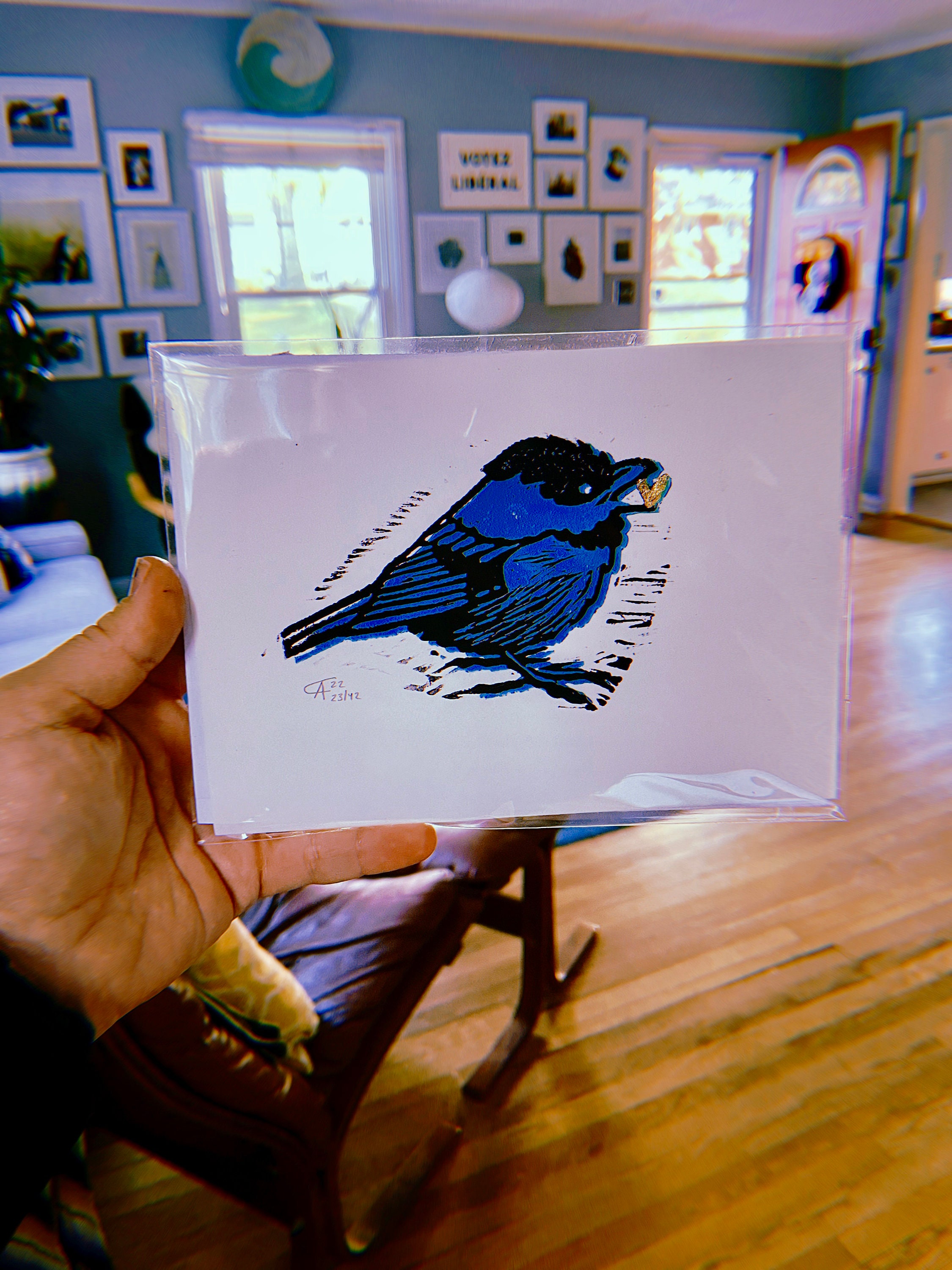 Chickadee Art Linocut Print, Bird Holding a Gold Leaf Heart in His or ...