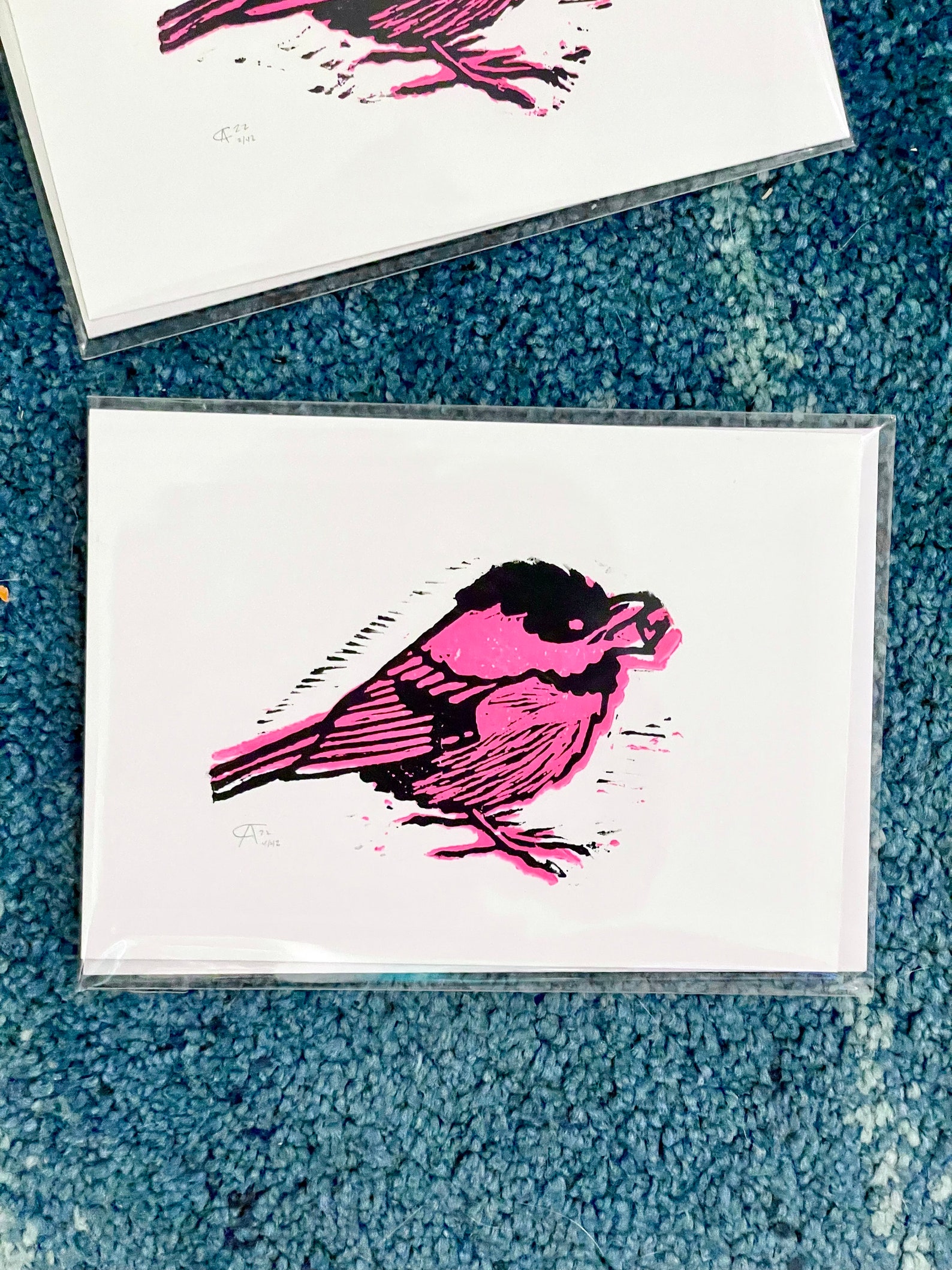 Hot Pink Chickadee Heart Linocut Print | Animals Collection | Birds ...
