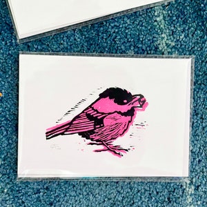 Hot Pink Chickadee Heart Linocut Print | Animals Collection | Birds ...