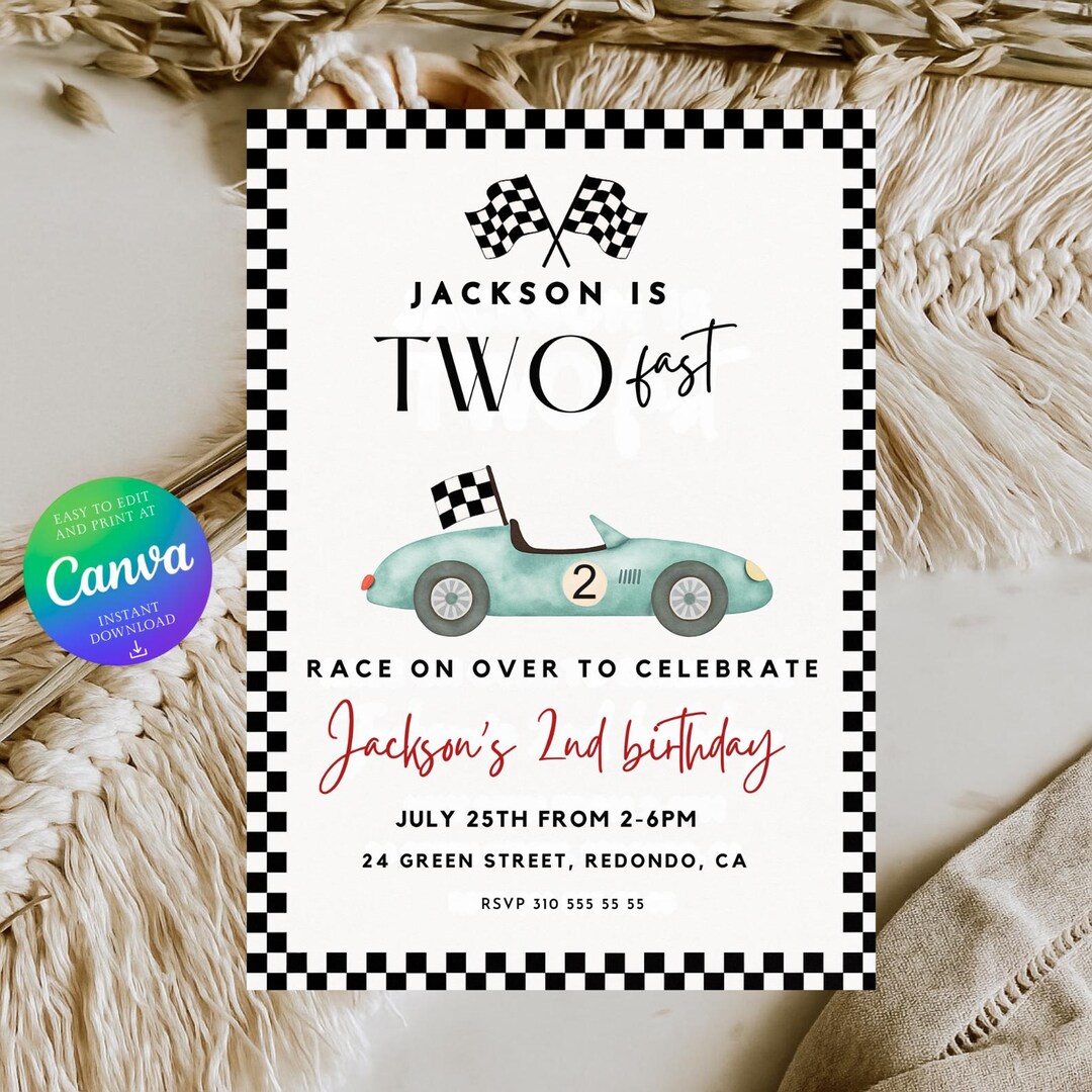 Two Fast Race Car 2nd Birthday Invitation: Vintage Racing Theme ...