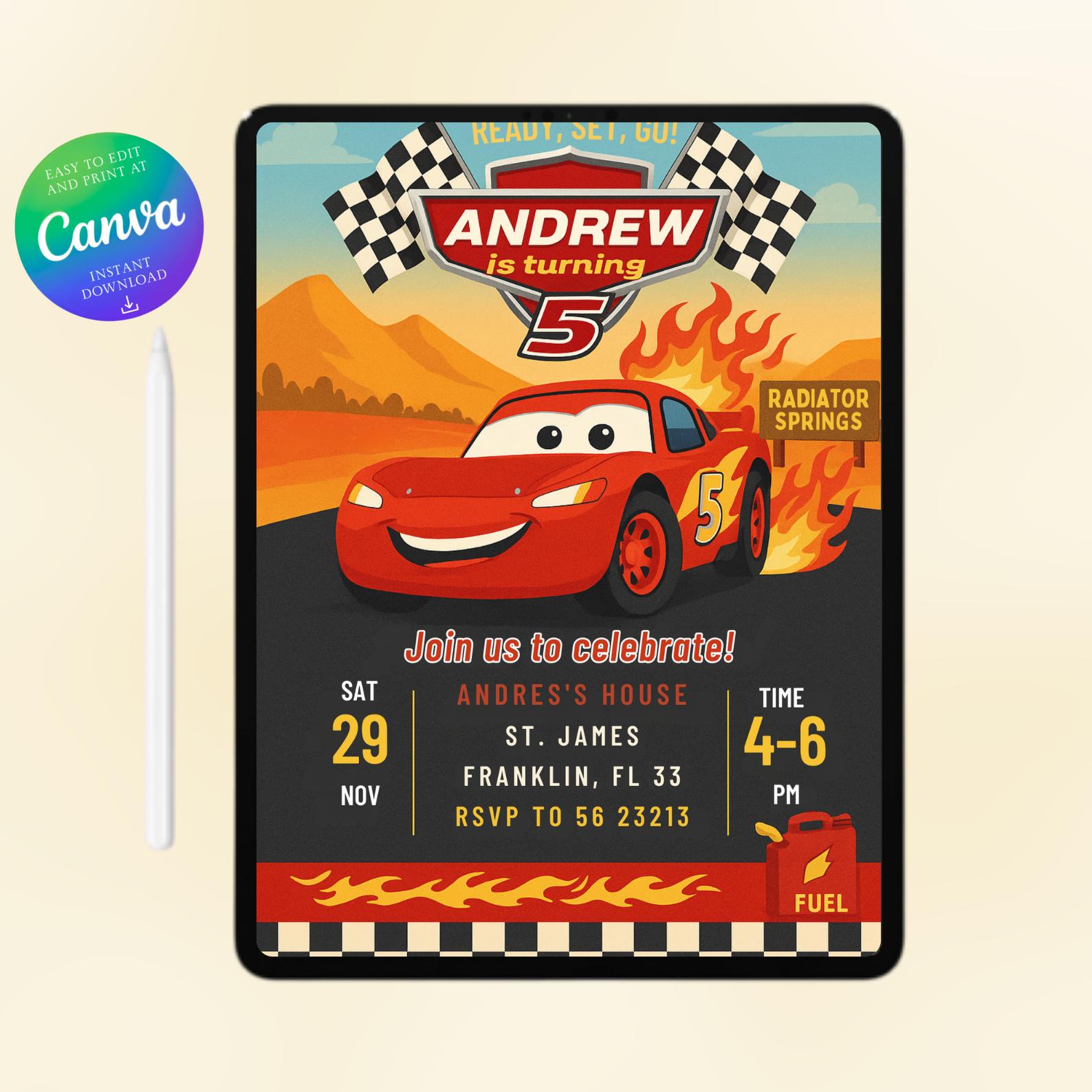 Red Race Car Birthday Invitation: Editable Canva Template (digital ...