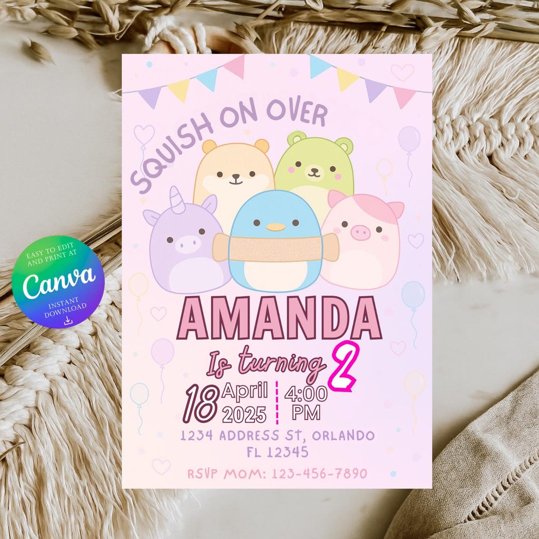 Editable Squishmallow Birthday Invitation | Plush Animal Party, Canva ...
