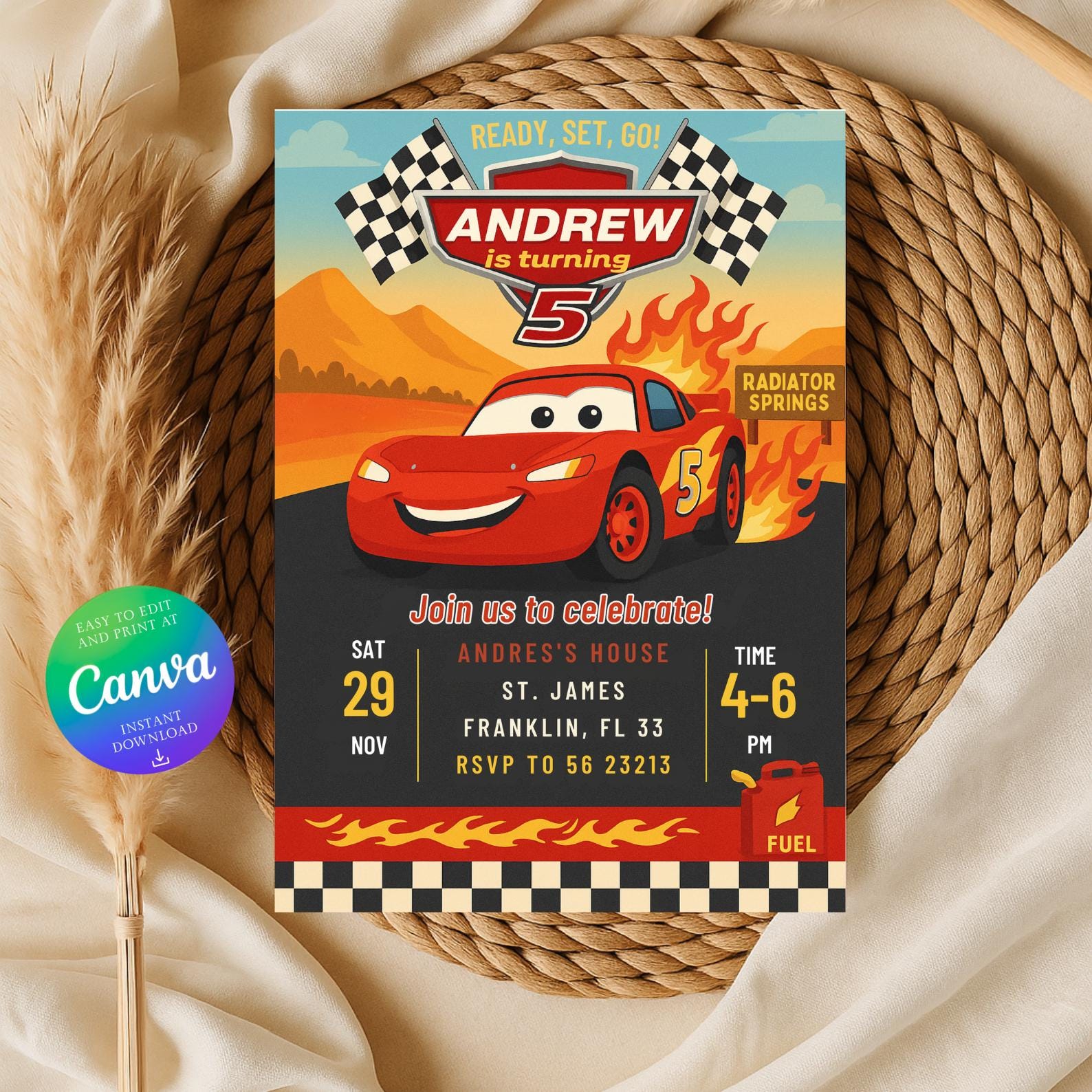 Red Race Car Birthday Invitation: Editable Canva Template (digital ...