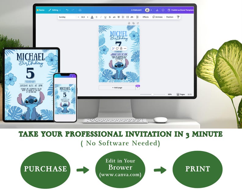 Editable Stitch Birthday Invitation - Blue Tropical Party Digital ...