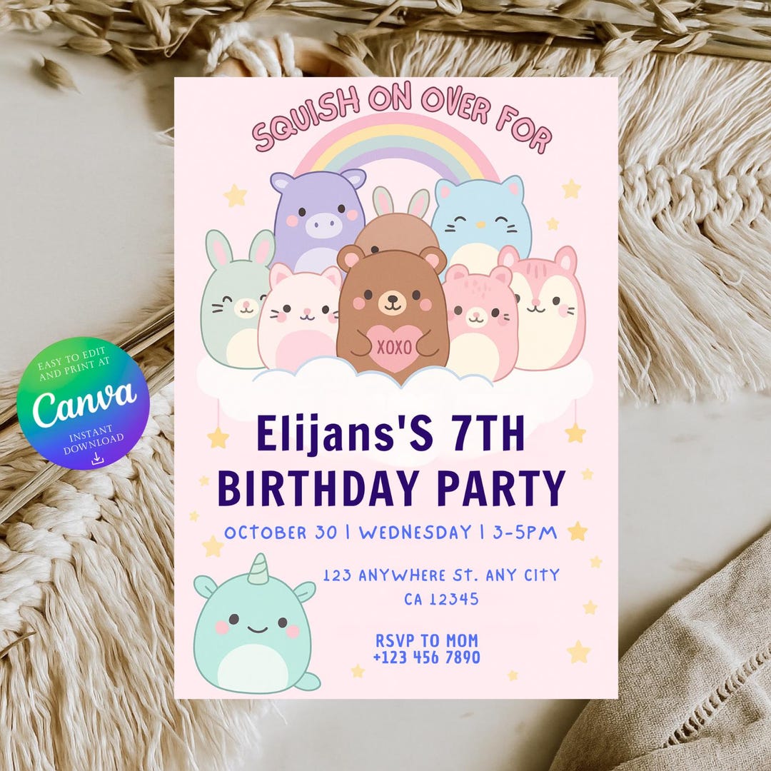 Squishmallow Birthday Invitation: Stuffed Animal Party, Canva Template ...