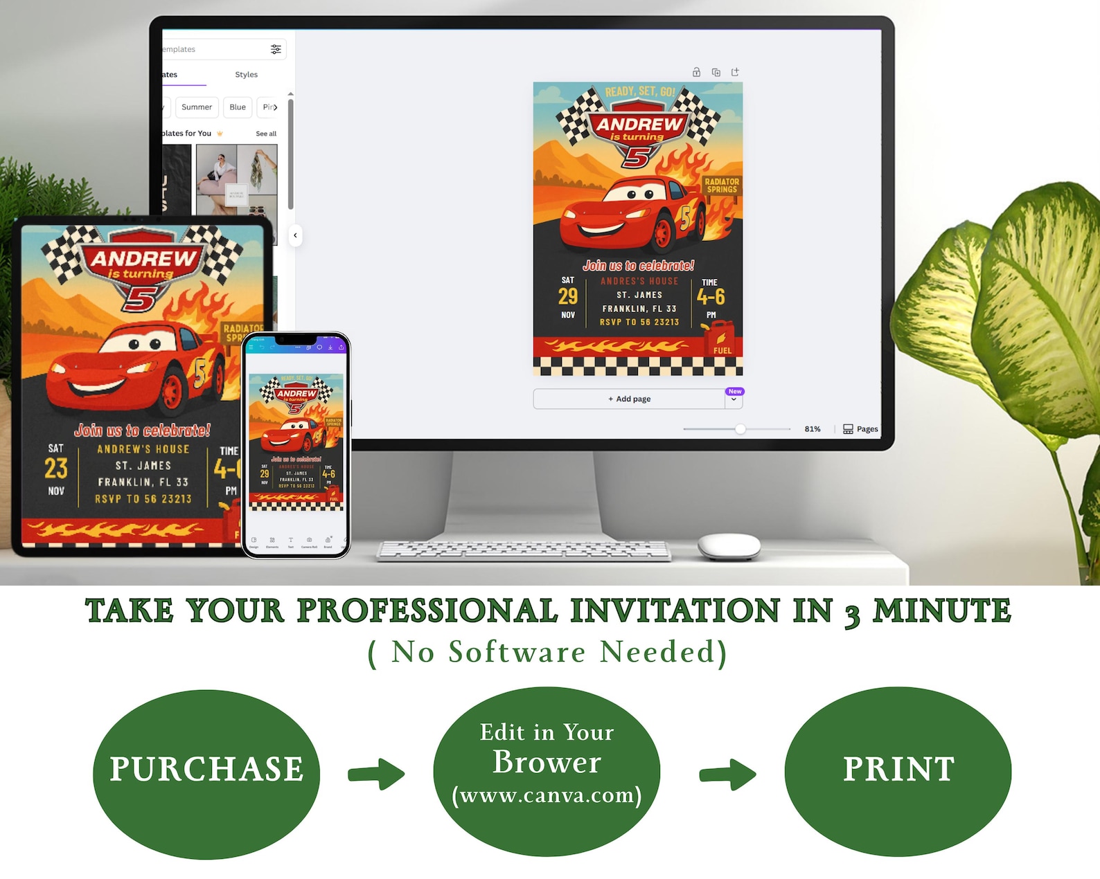 Red Race Car Birthday Invitation: Editable Canva Template (digital ...