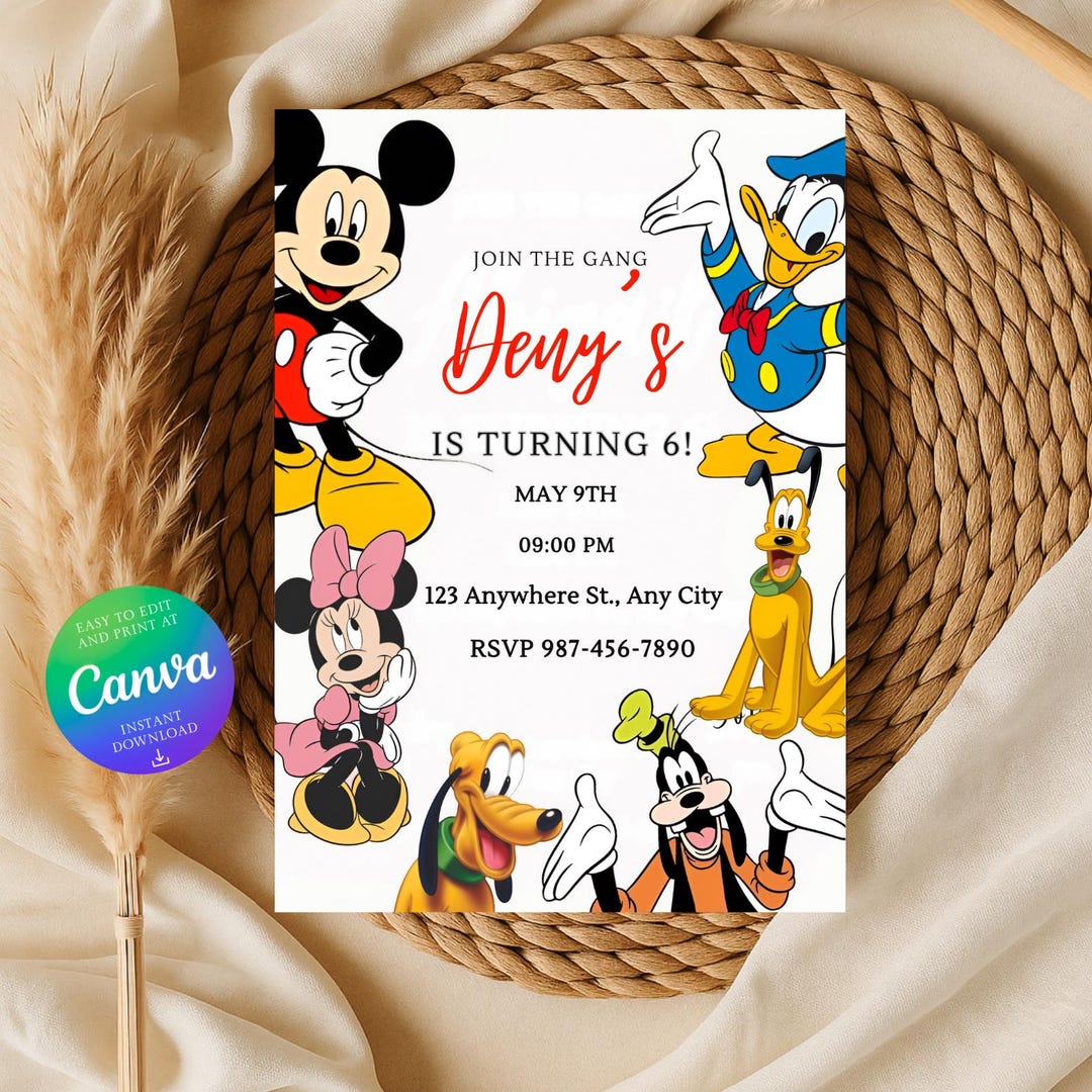 Digital Mickey Mouse Gang Birthday Invitation | Editable 5x7 Canva ...