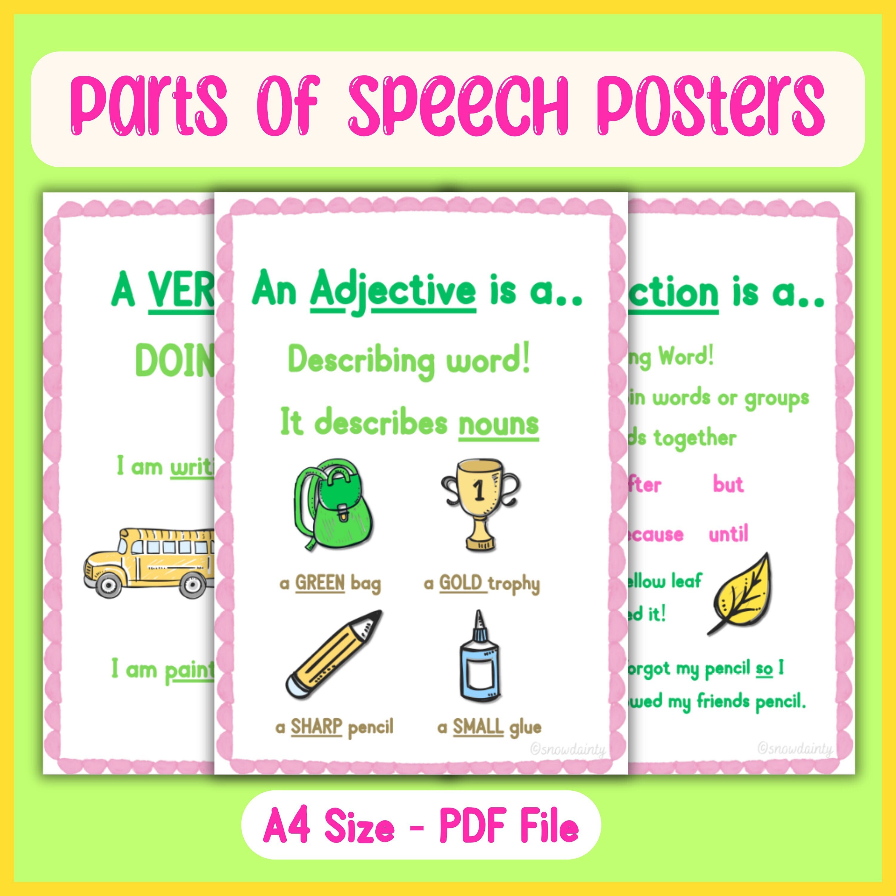 Parts of Speech Posters - Printable - Nouns, Adjectives, Adverbs ...