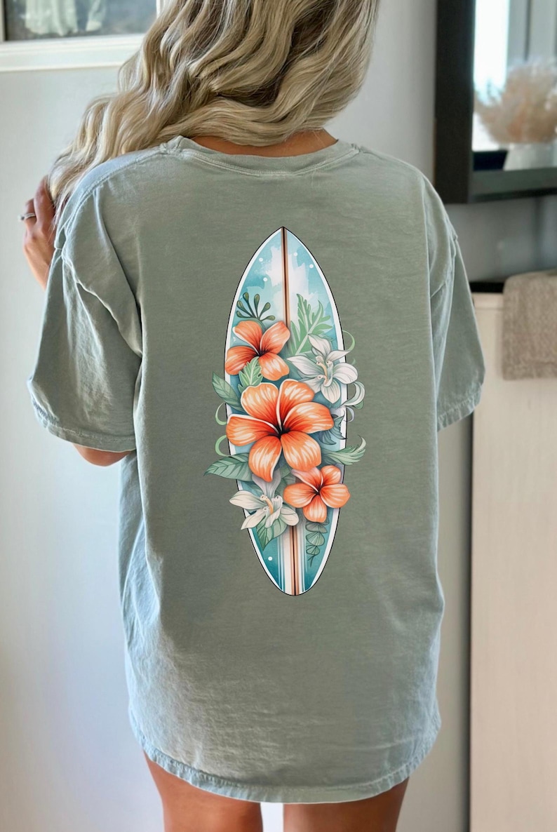 Summer Beach Shirt, Aloha Flower Surfboard Graphic Tee, Beach Vibe ...