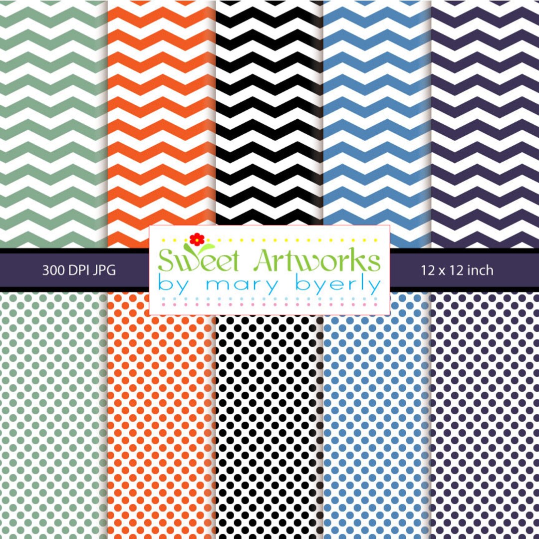 Chevron and Polka Dot Papers – Navy, Orange, Black, Green (digital ...