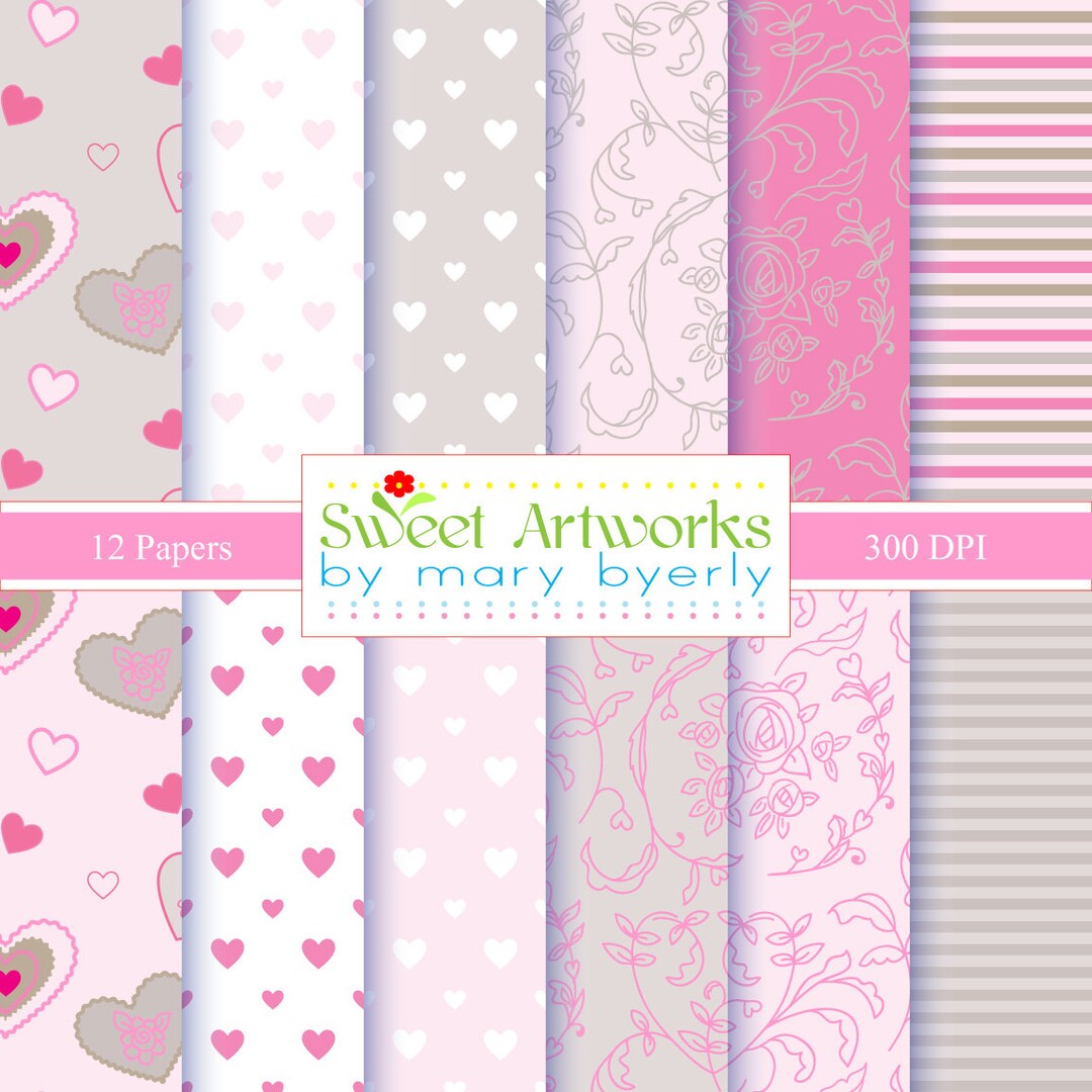 INSTANT DOWNLOAD - Pink Beige Heart Themed Digital Printable 12" X 12 ...