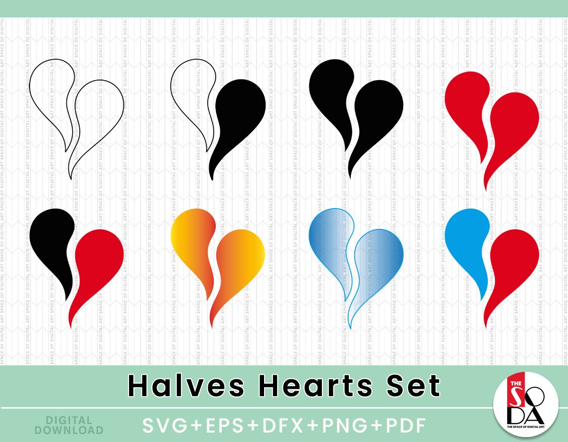 Halves Hearts, Heart Outline Svg, Love Svg, Halves Hearts Svg ...