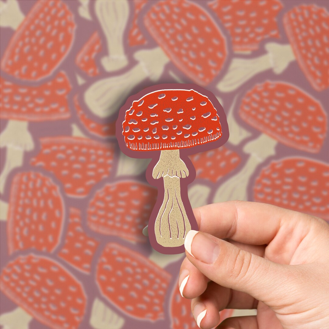 Linocut Mushroom Vinyl Sticker Cute Mushroom Sticker, Red Mushroom ...