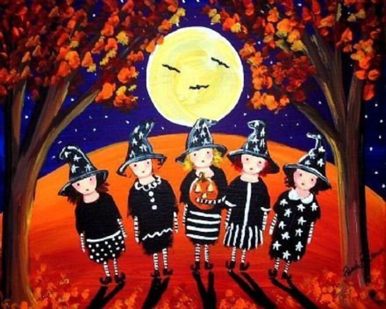 Five Little Witches Whimsical Folk Art Halloween Fun Giclee Print - Etsy