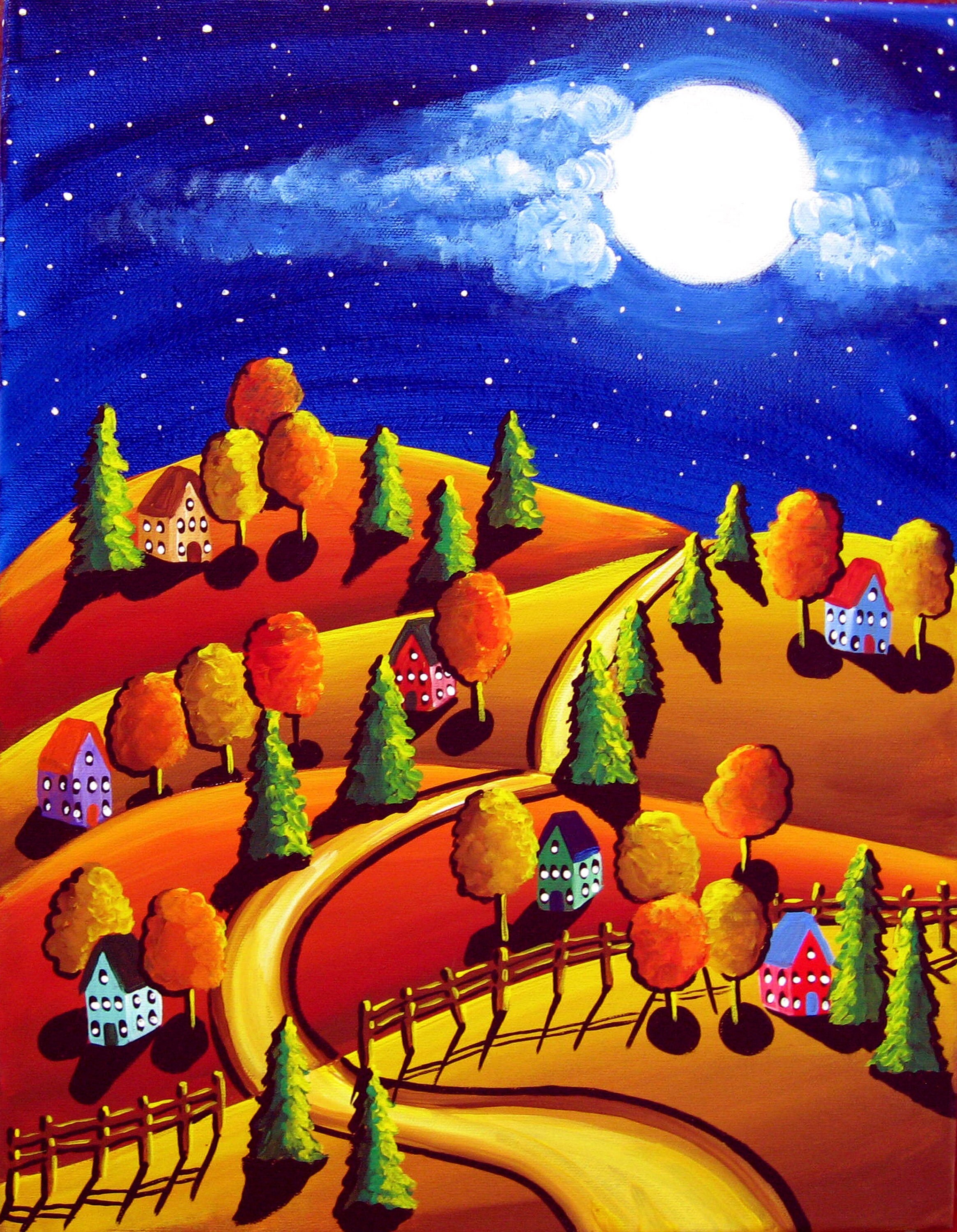 Cool Fall Night Moon Shine Magical Whimsical Folk Art Giclee - Etsy France