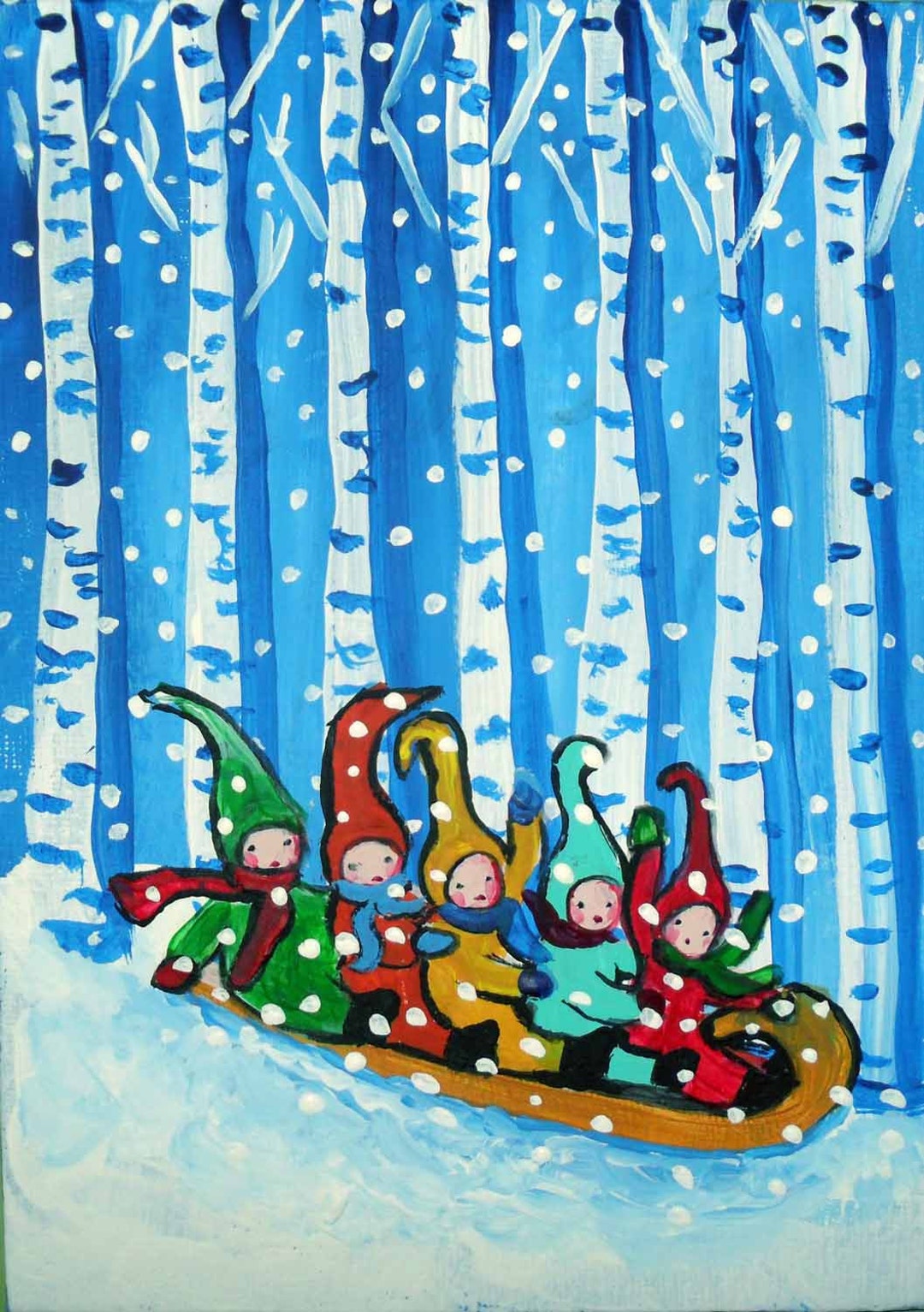 Sled Riding Pixies Christmas Trees Winter Holiday Snow Whimsical ...
