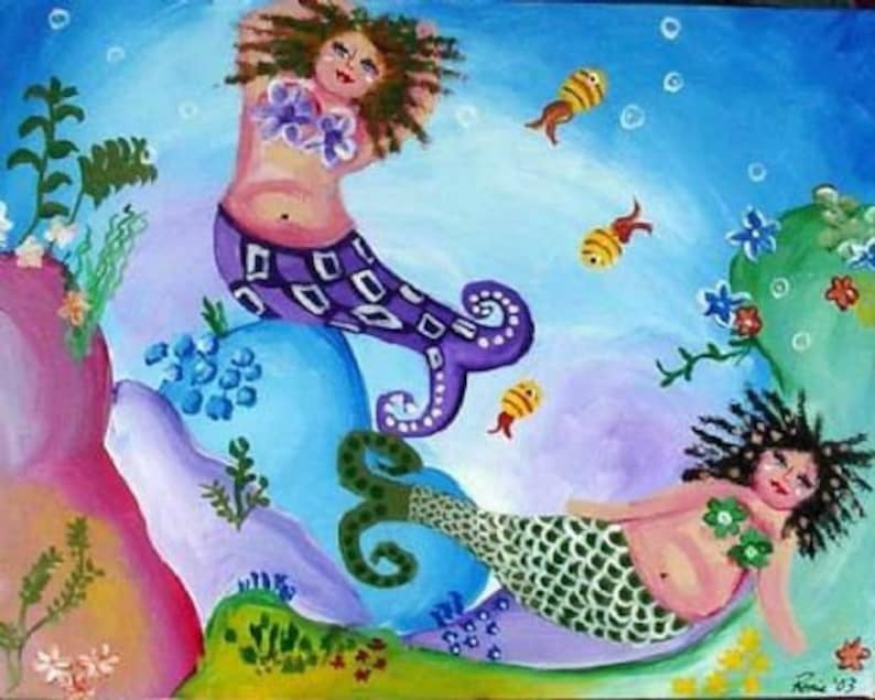Two Colorful Mermaids Whimsical Folk Art Giclee Print - Etsy
