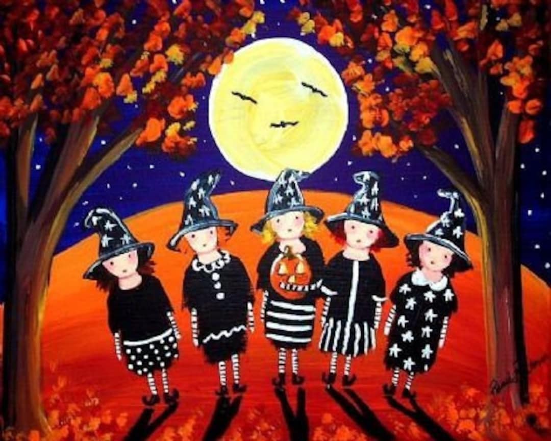 Five Little Witches Folk Art Halloween Fun - Etsy Australia