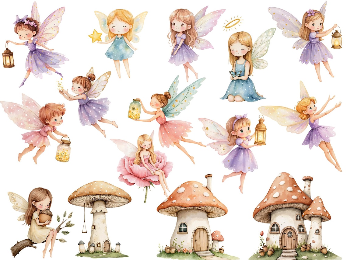 Watercolor Magical Garden Pink Fairies Clipart Bundle, Nature Cute ...