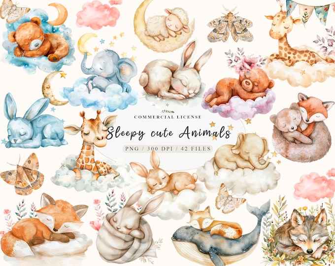 Watercolor Sleepy Animals Clipart Bundle, Cute Animals PNG, Cute Animal ...