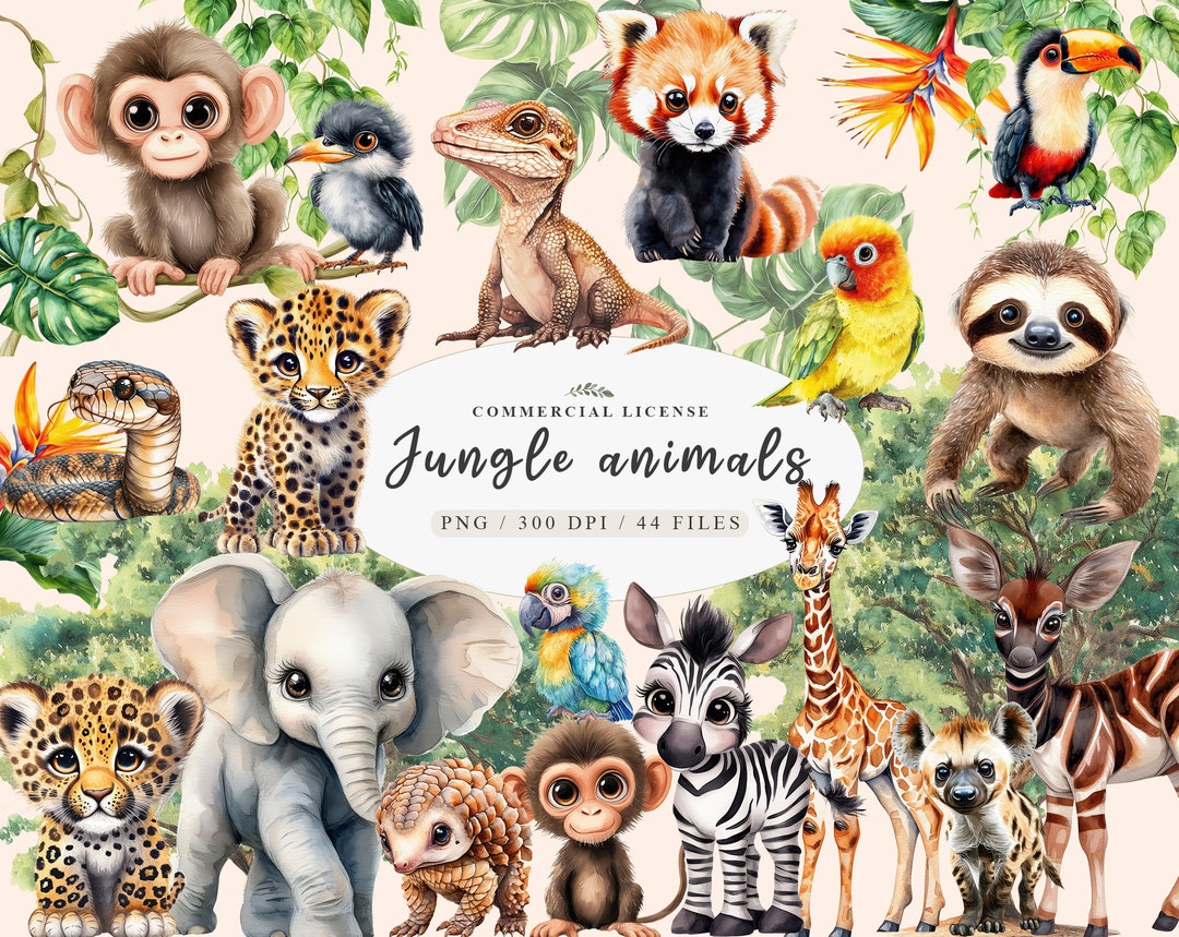 Watercolor Safari Jungle Animals Clipart for Nursery Art, Whimsical ...