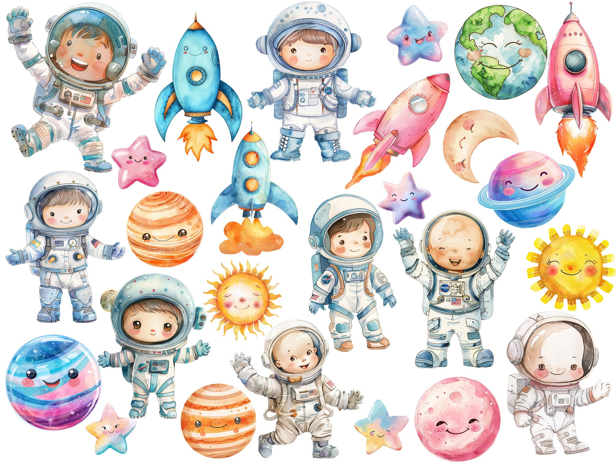 Watercolor Astronaut Clipart, Little Space Clipart, Cute Boy Astronauts ...
