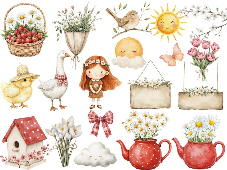 Watercolor Spring Cute Girl Floral Woodland Animals Clipart Bundle ...