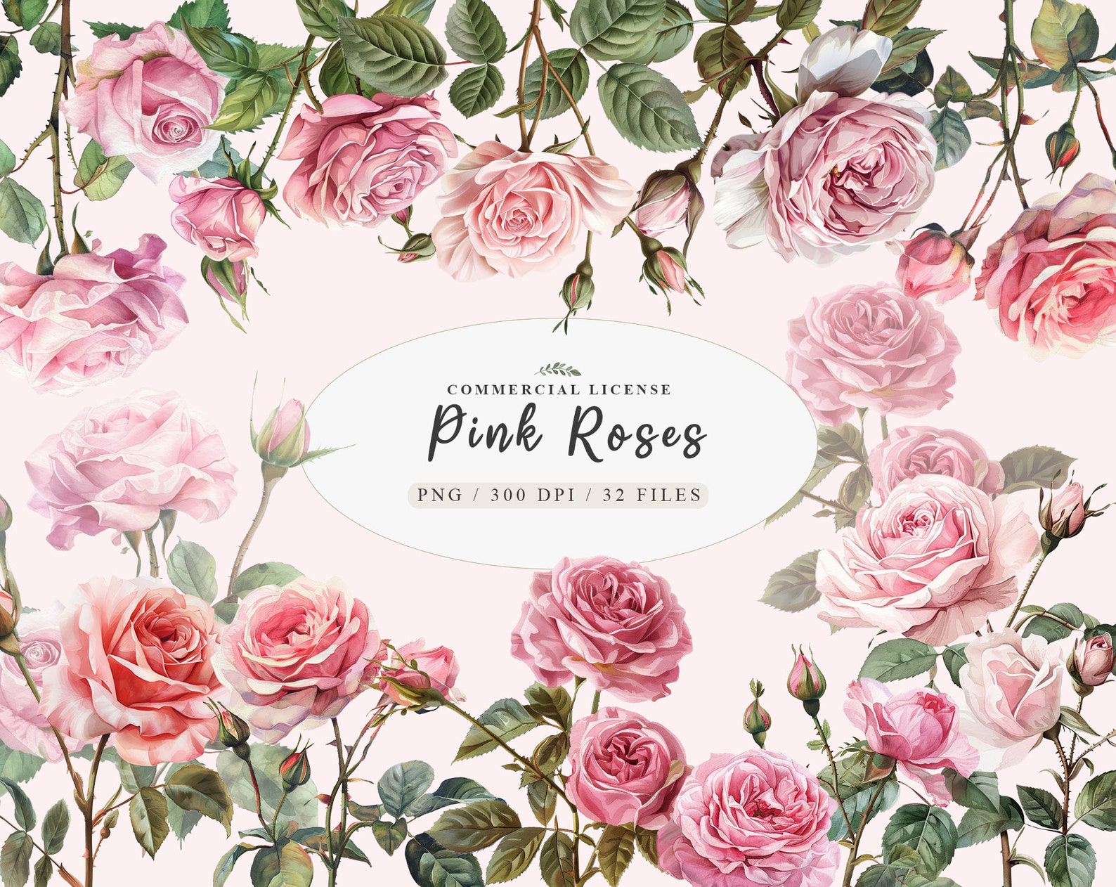 Watercolor Blush Rose Wreath Graphic for Wedding Bundle, Elegant ...