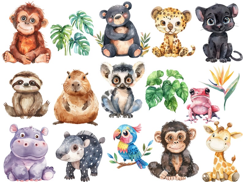 Watercolor Jungle Animals Clipart, Safari Animal Png, Baby Safari Png ...