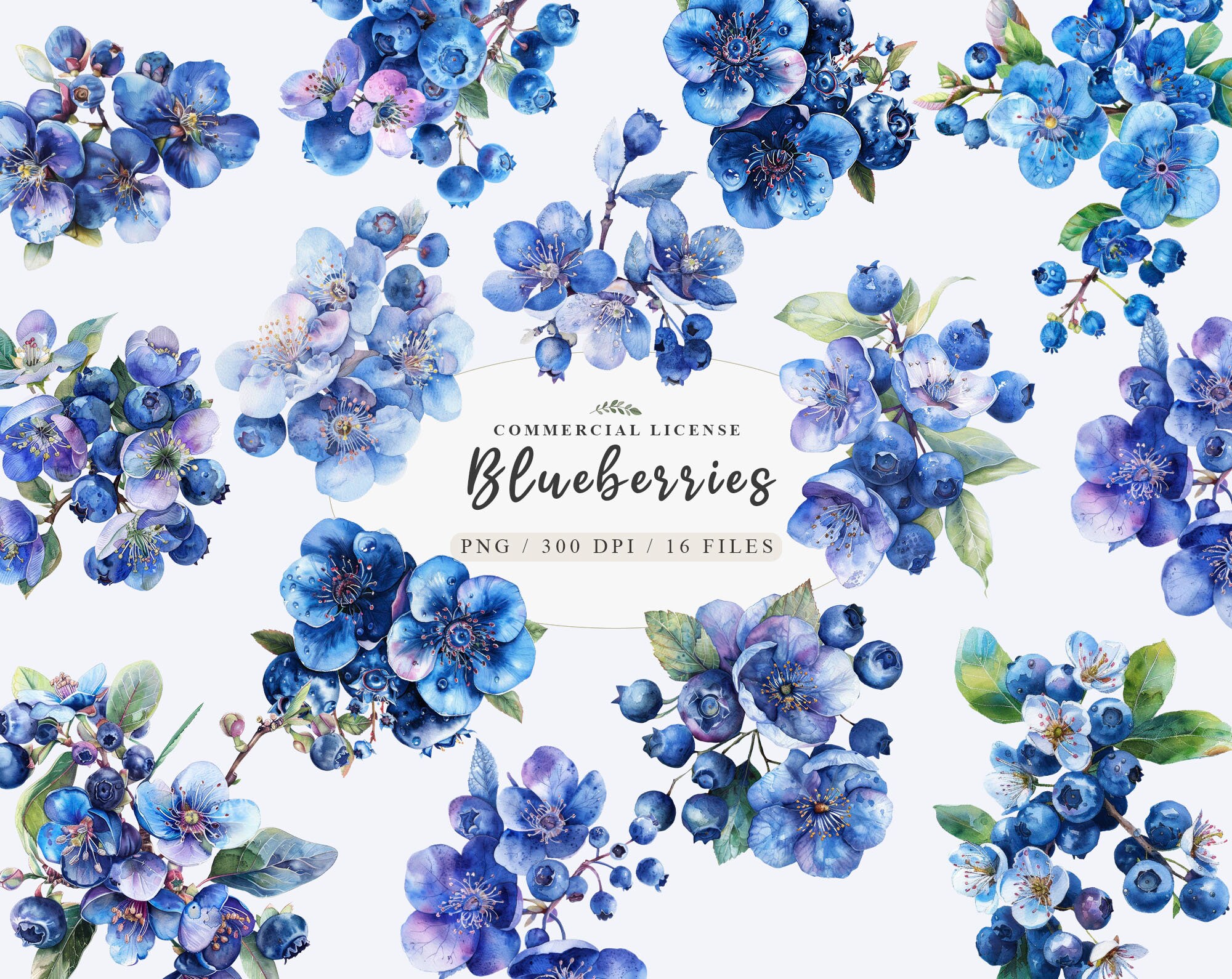 Blueberry Clipart Set, Blueberry Art Print Bundle, Watercolor Berries ...