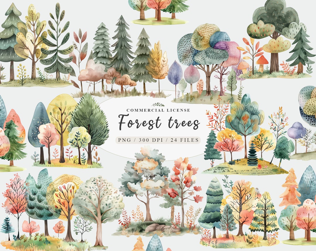 Magical Forest Clipart, Watercolor Forest Clipart, Pine Trees Clipart ...