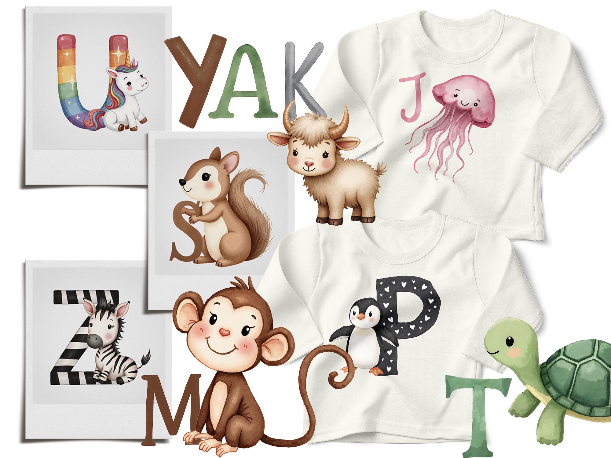 Watercolor Cute Little Animal Alphabet Clipart, Cute Jungle Alphabet ...