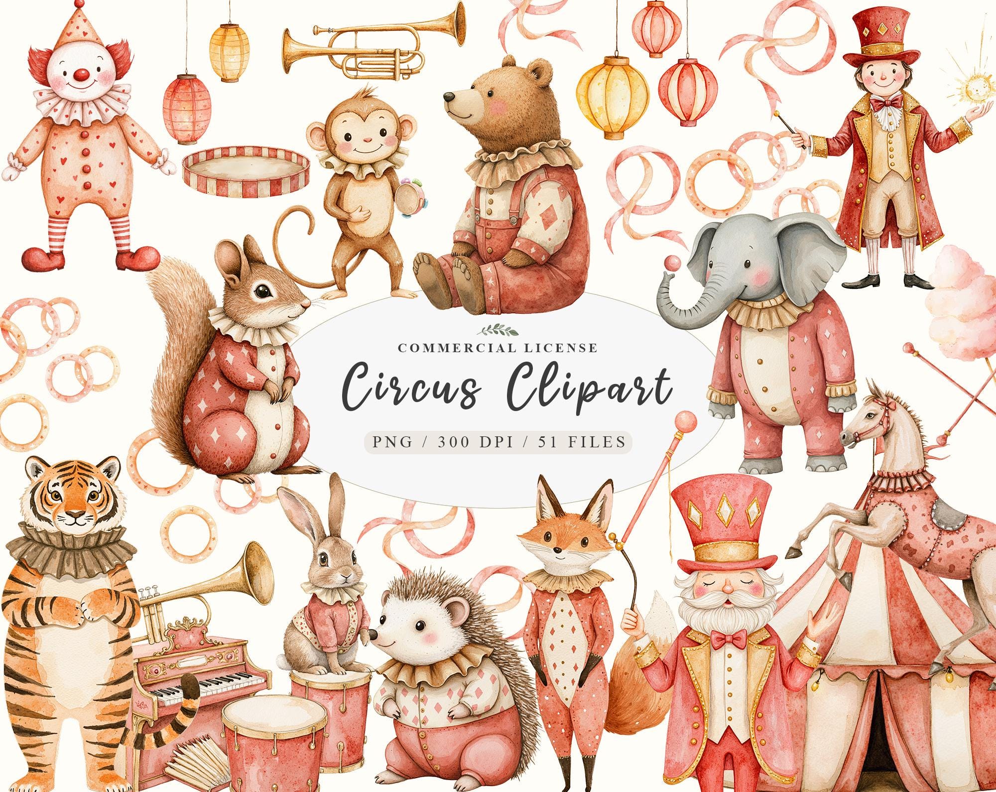 Watercolor Vintage Circus Party Animal Clipart, Cute Circus Magician ...
