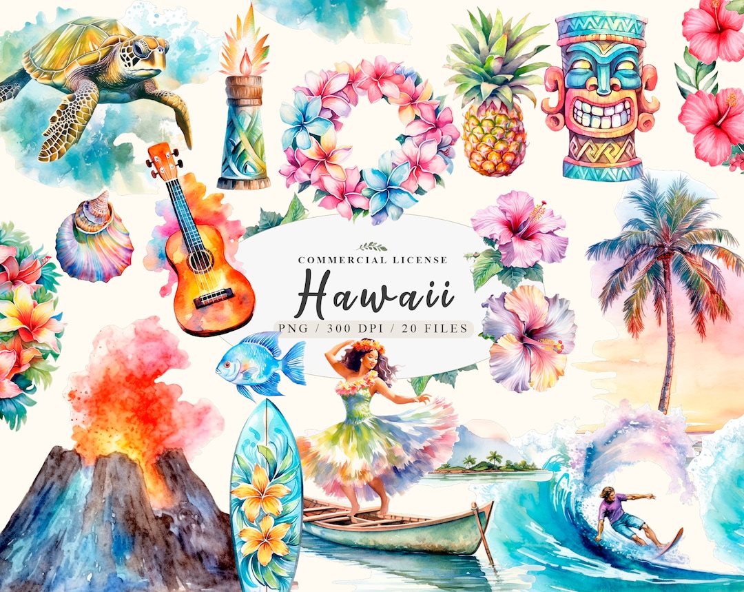 Watercolor Hawaiian Tiki Tropical Beach Luau Clipart Bundle, Flowers ...