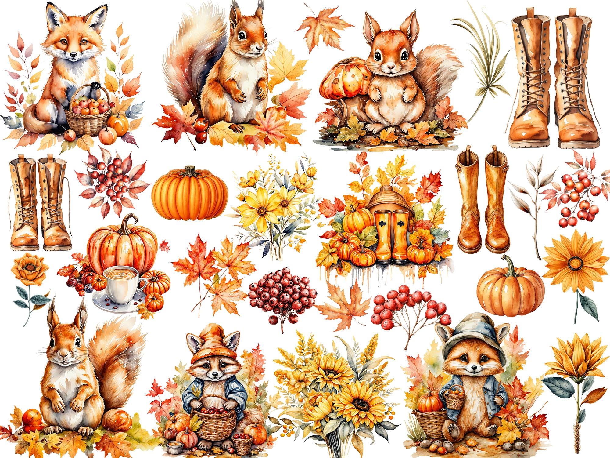 Whimsical Thanksgiving Clipart Bundle, Cozy Fall Animals Clipart ...
