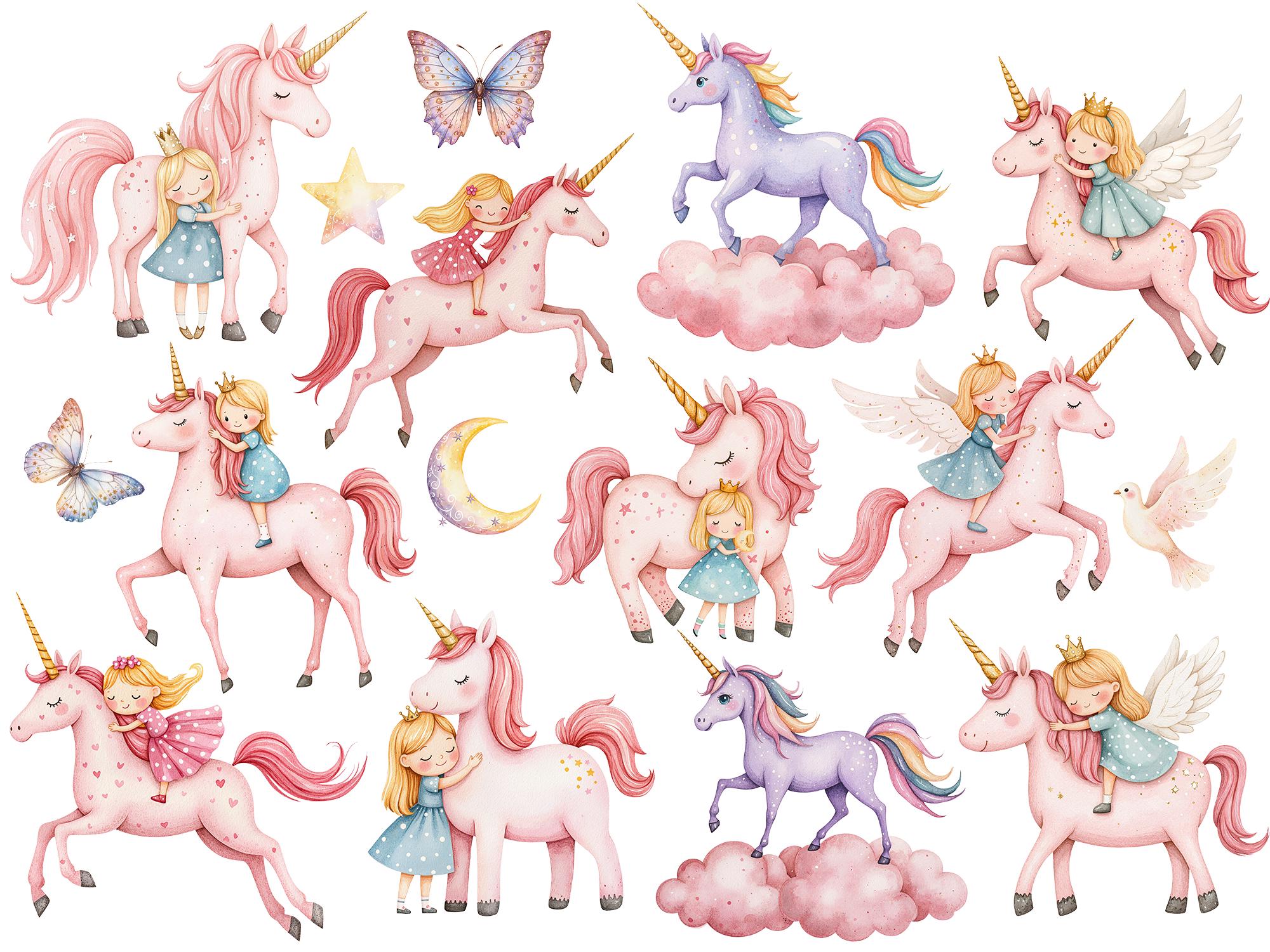 Magical Kingdom Pastel Cute Unicorn Princess Clipart, Fairytale Little ...