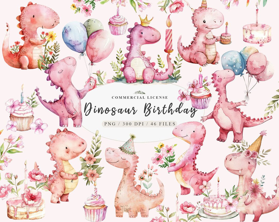 Adorable Pink Baby Girl Dinosaur Clipart for Birthday Balloons Bundle ...